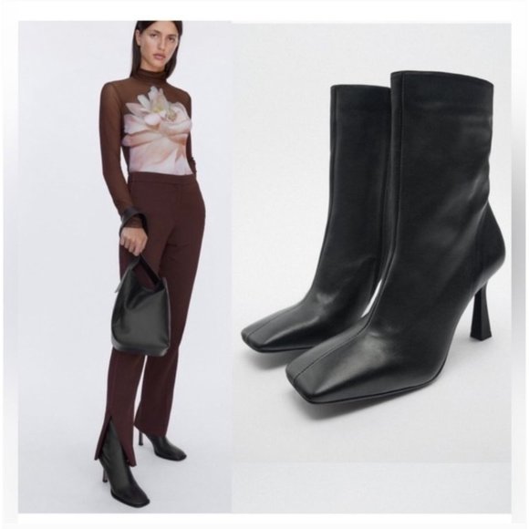 Zara | Shoes | Zara Square Toe Ankle Boot Heels Zip Side Leather 3 Heel ...